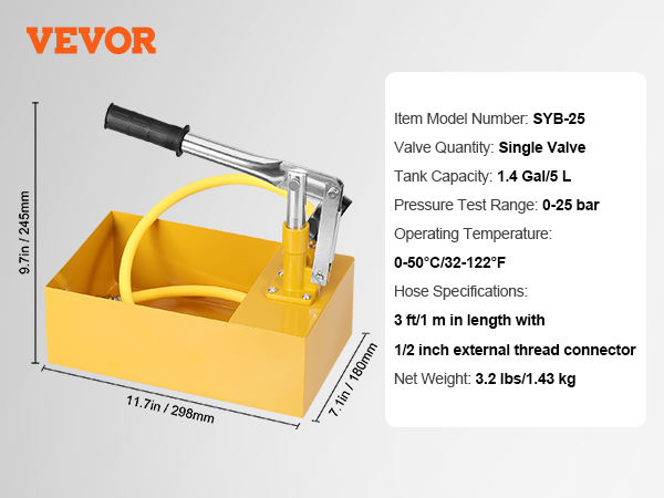VEVOR Hydrostatic Test Pump, Max 25 bar/362 PSI, Single Valve Hydraulic ...