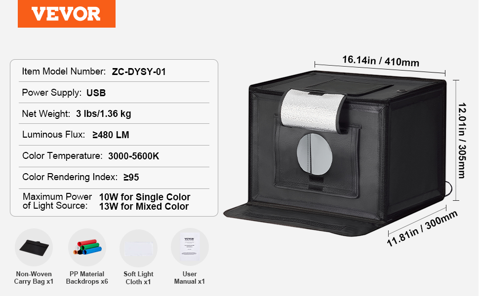 VEVOR Photo Studio Light Box 12"x12" 3000-5600K Adjustable 3 Color ...