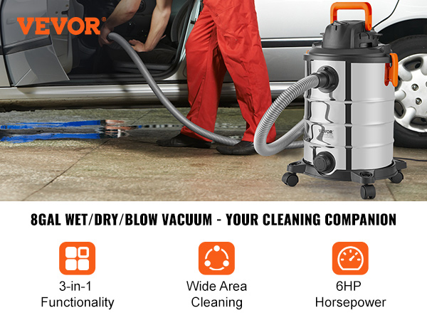 VEVOR Stainless Steel Wet Dry Shop Vacuum, 8 Gallon 6 Peak HP Wet/Dry Vac, Powerful Suction with ...