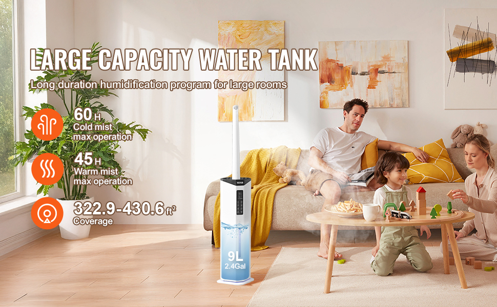 VEVOR Commercial Humidifier 2.4 Gal Cool/Warm Mist for 430.6 Sq Ft Top ...