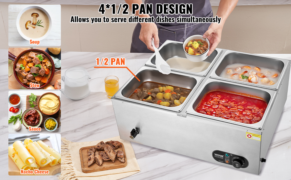 VEVOR Commercial Electric Food Warmer Countertop Buffet 4*8Qt Pan Bain ...