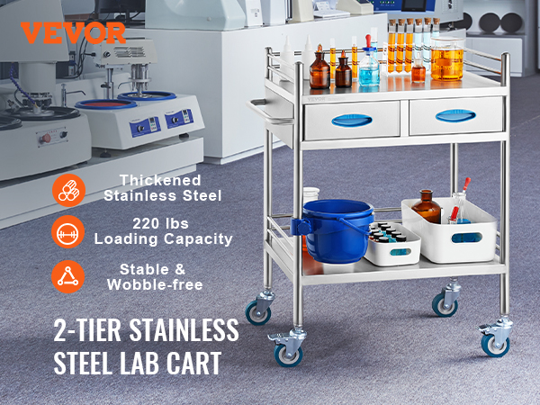 VEVOR Lab Serving Cart, 2 Layers Stainless Steel Utility Rolling Cart ...