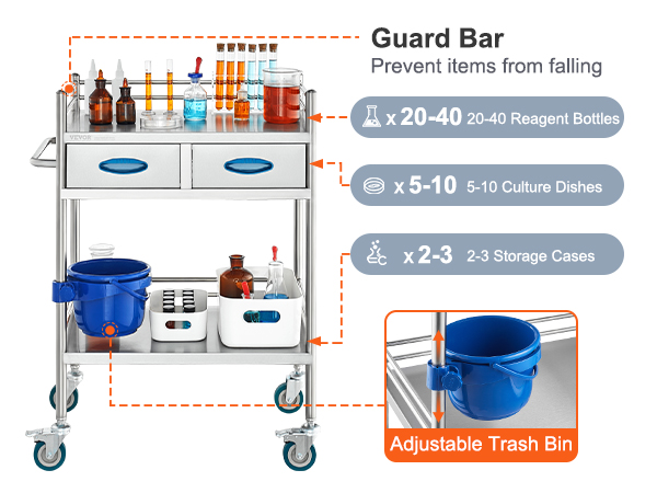 VEVOR Lab Serving Cart, 2 Layers Stainless Steel Utility Rolling Cart ...