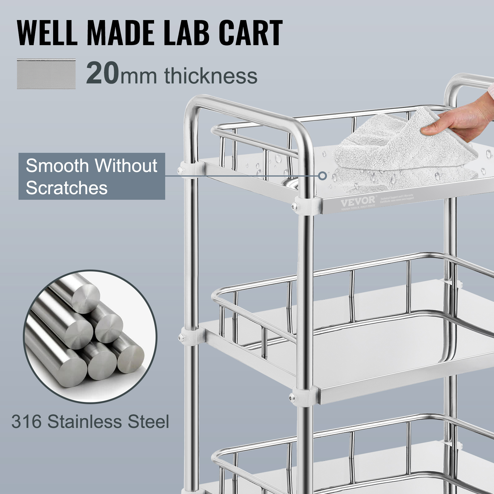 VEVOR Chariot de Laboratoire en Acier Inoxydable, Chariot Médical 3 ...