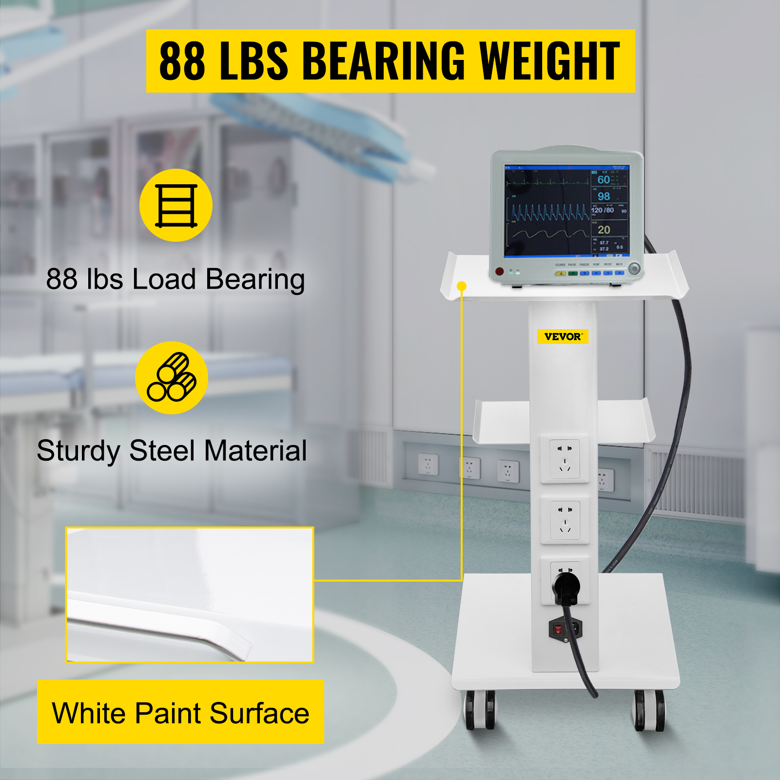 VEVOR Lab Trolley, Built-in Socket Rolling Lab Cart, 3 Layers Tray ...