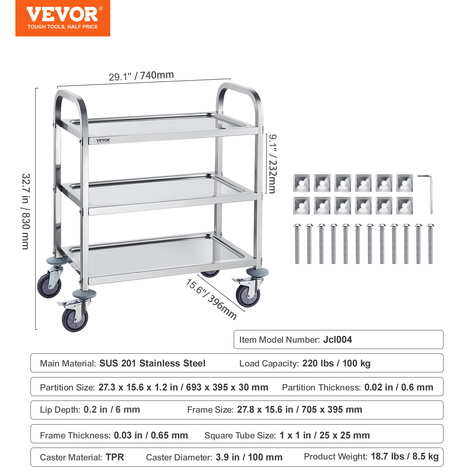 VEVOR 3-Tier Stainless Steel Cart Mobile Lab Utility Cart 400 lbs for ...