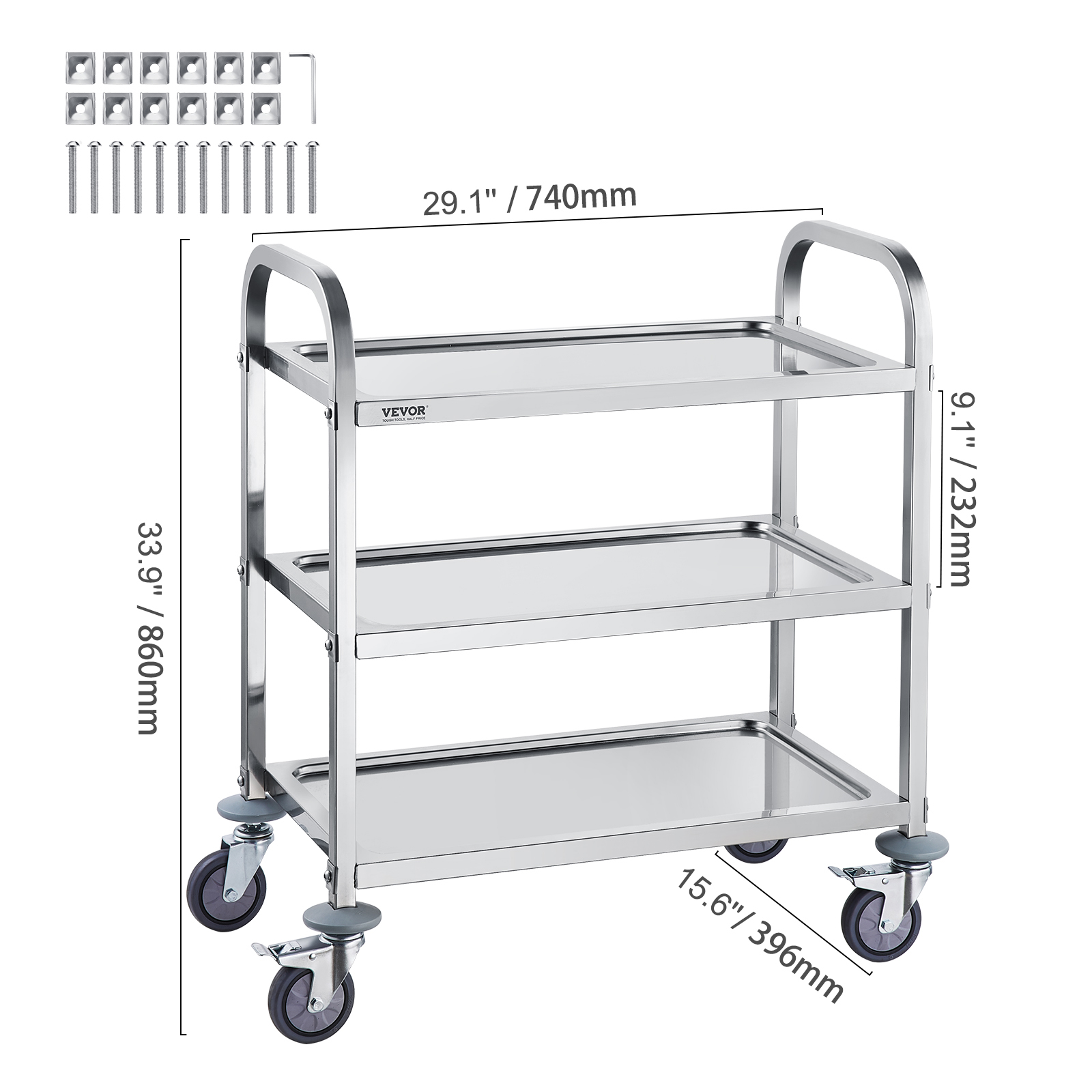 VEVOR Stainless Steel Cart, 3 Layers Lab Utility Cart 400 lbs Weight ...