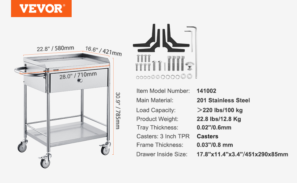VEVOR Medical Cart, 2-Layer Stainless Steel Cart 220 lbs Weight ...
