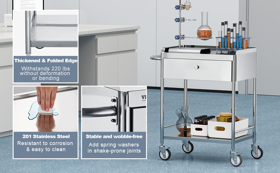 VEVOR Medical Cart, 2-Layer Stainless Steel Cart 220 lbs Weight ...