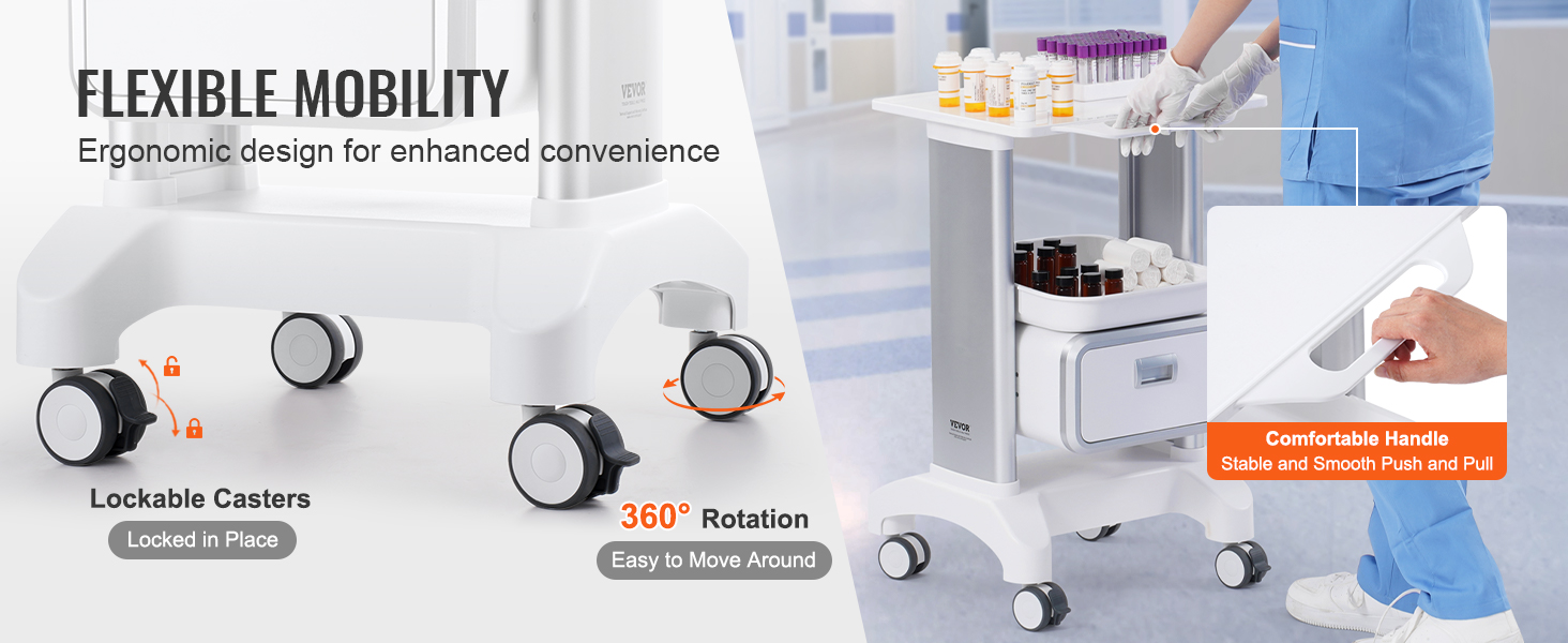 VEVOR 2 Tiers Lab Carts Mobile Medical Cart with 1 Drawer & 1 Top Tray ...