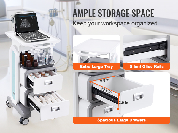 VEVOR 3 Tiers Lab Carts Mobile Medical Cart with 2 Drawers & 1 Top Tray ...