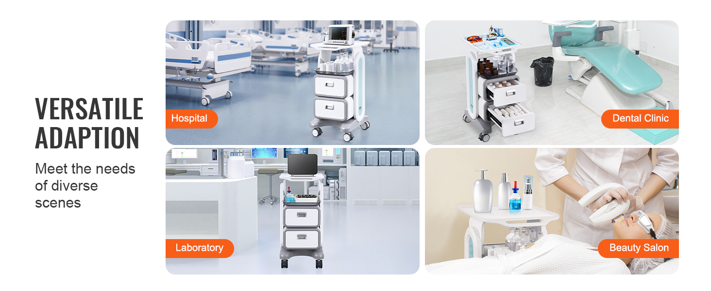 VEVOR 3 Tiers Lab Carts Mobile Medical Cart with 2 Drawers & 1 Top Tray ...