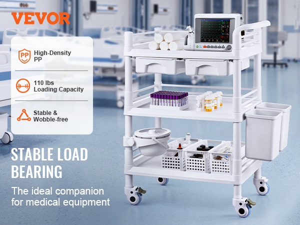 VEVOR 3 Tiers Lab Carts Mobile Medical Cart with 3 Trays & 3 Trash Cans ...