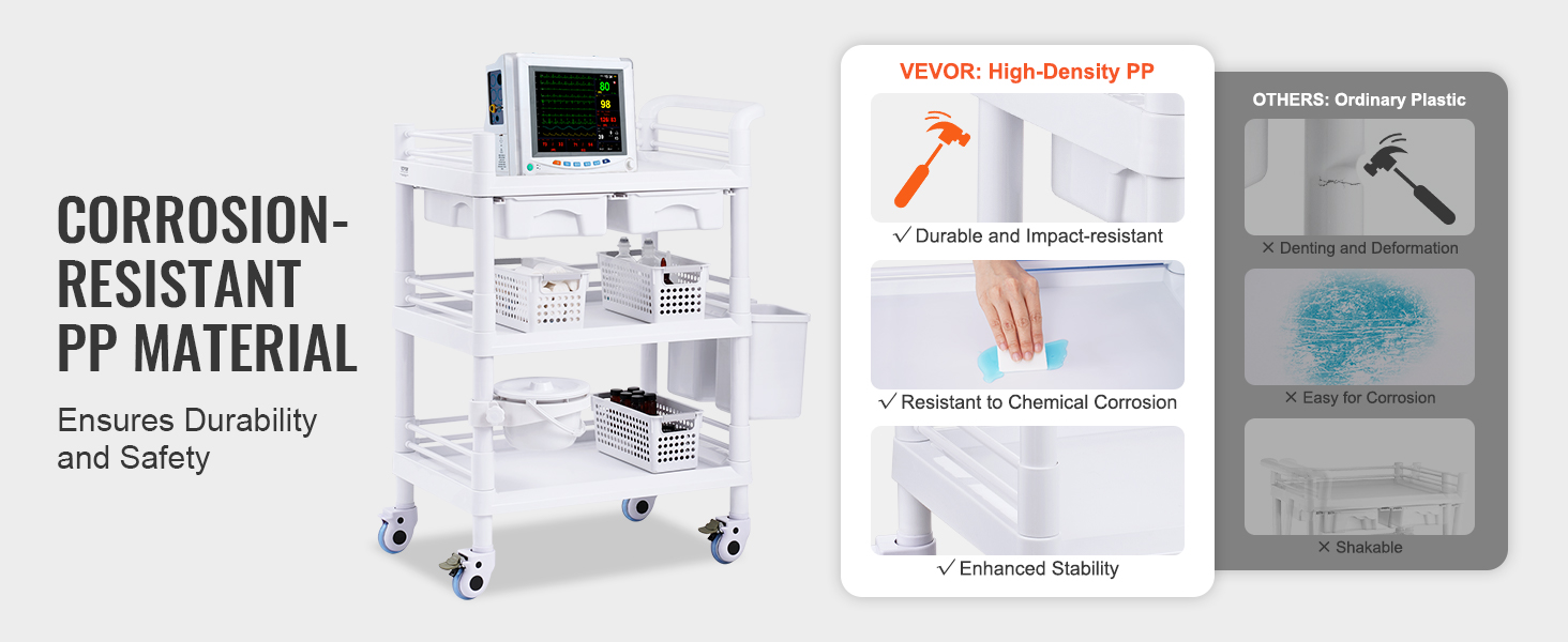 VEVOR 3 Tiers Lab Carts Mobile Medical Cart with 3 Trays & 3 Trash Cans ...