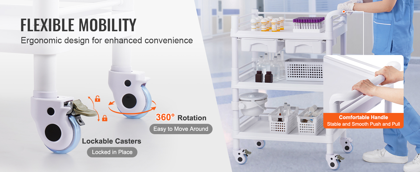 VEVOR 3 Tiers Lab Carts Mobile Medical Cart with 3 Trays & 3 Trash Cans ...