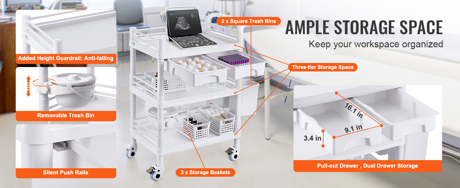 VEVOR 3 Tiers Lab Carts Mobile Medical Cart with 3 Trays & 3 Trash Cans ...