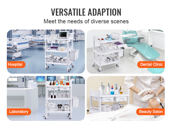 VEVOR 3 Tiers Lab Carts Mobile Medical Cart with 3 Trays & 3 Trash Cans ...