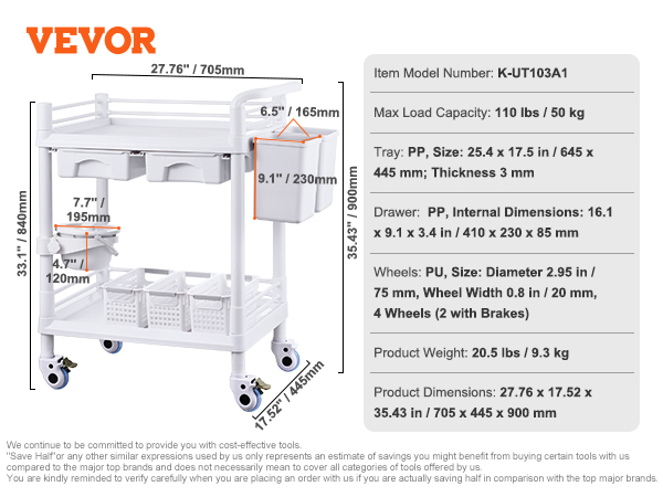 VEVOR 2 Tiers Lab Carts Mobile Medical Cart 2 Trays 2 Drawers 3 Trash ...