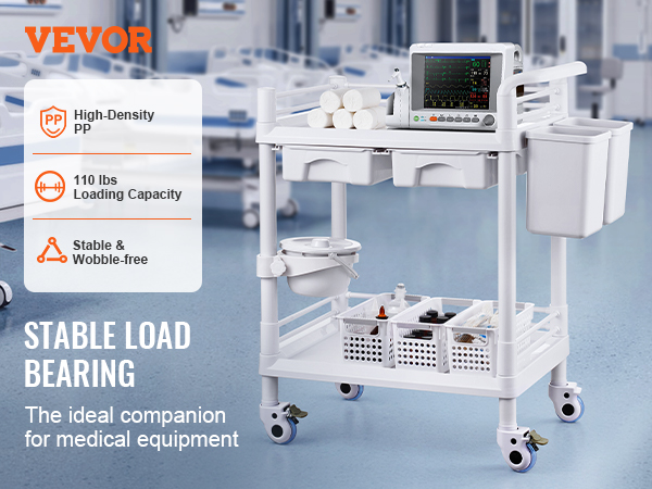 VEVOR 2 Tiers Lab Carts Mobile Medical Cart 2 Trays 2 Drawers 3 Trash ...