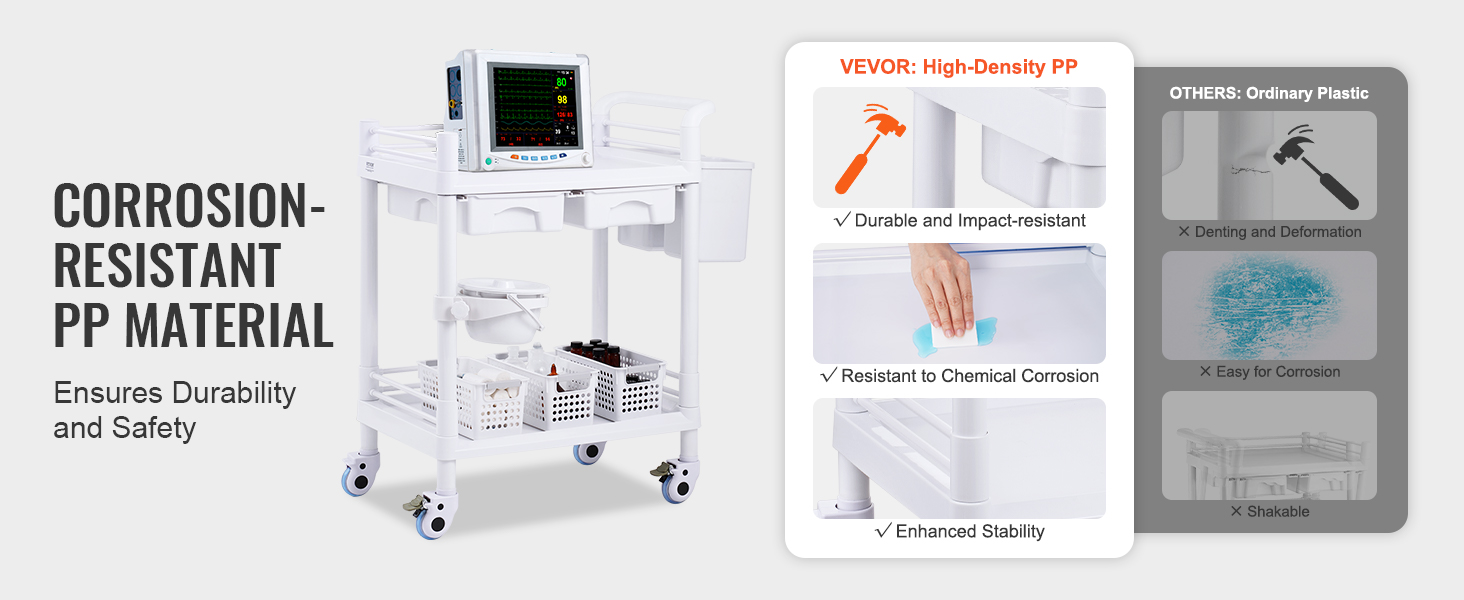 VEVOR 2 Tiers Lab Carts Mobile Medical Cart 2 Trays 2 Drawers 3 Trash ...
