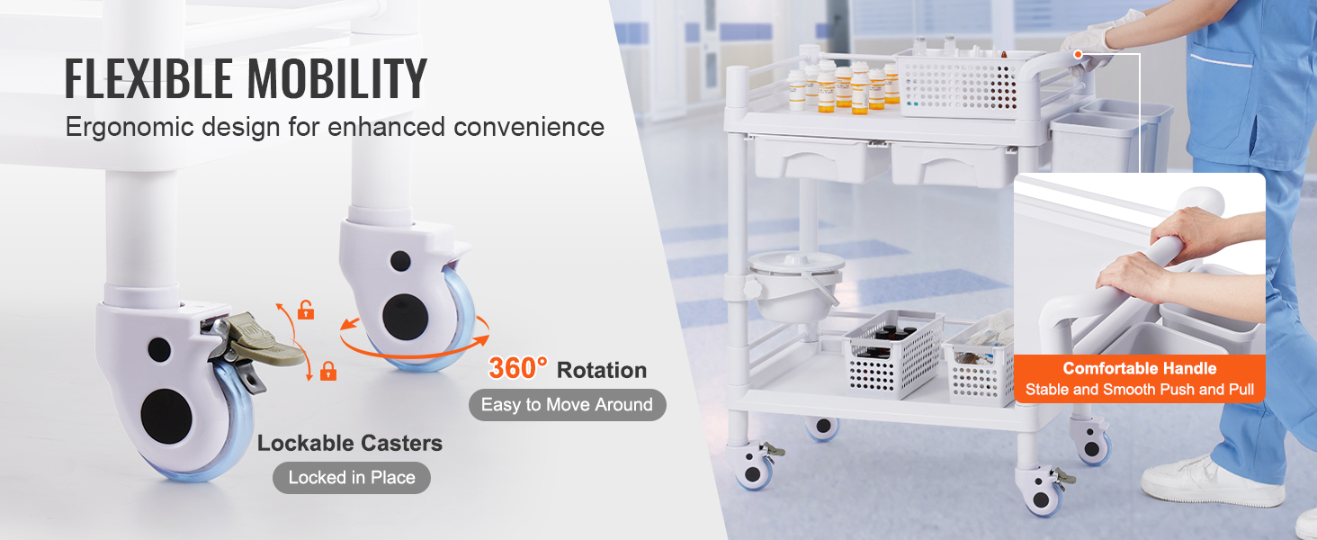 VEVOR 2 Tiers Lab Carts Mobile Medical Cart 2 Trays 2 Drawers 3 Trash ...