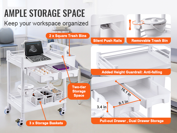 VEVOR 2 Tiers Lab Carts Mobile Medical Cart 2 Trays 2 Drawers 3 Trash ...