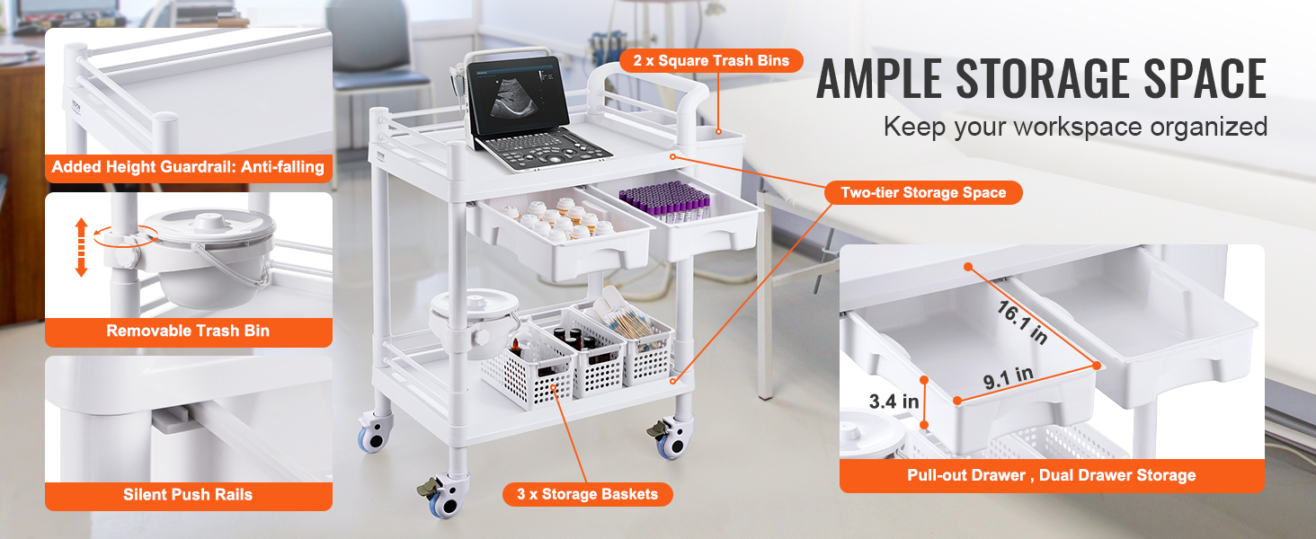 VEVOR 2 Tiers Lab Carts Mobile Medical Cart 2 Trays 2 Drawers 3 Trash ...