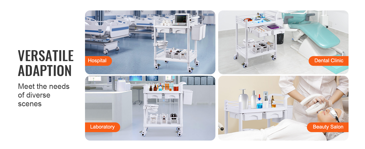 VEVOR 2 Tiers Lab Carts Mobile Medical Cart 2 Trays 2 Drawers 3 Trash ...