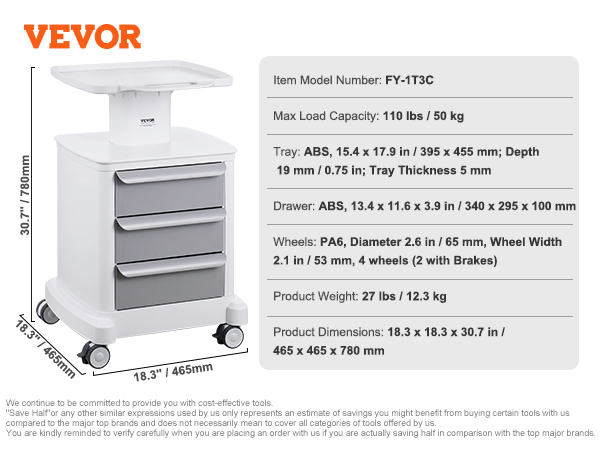 VEVOR 4 Tiers Lab Carts Mobile Medical Cart with 3 Drawers & 1 Top Tray ...