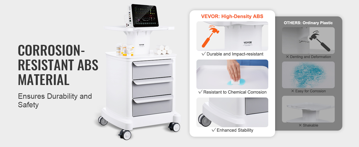 VEVOR 4 Tiers Lab Carts Mobile Medical Cart with 3 Drawers & 1 Top Tray ...