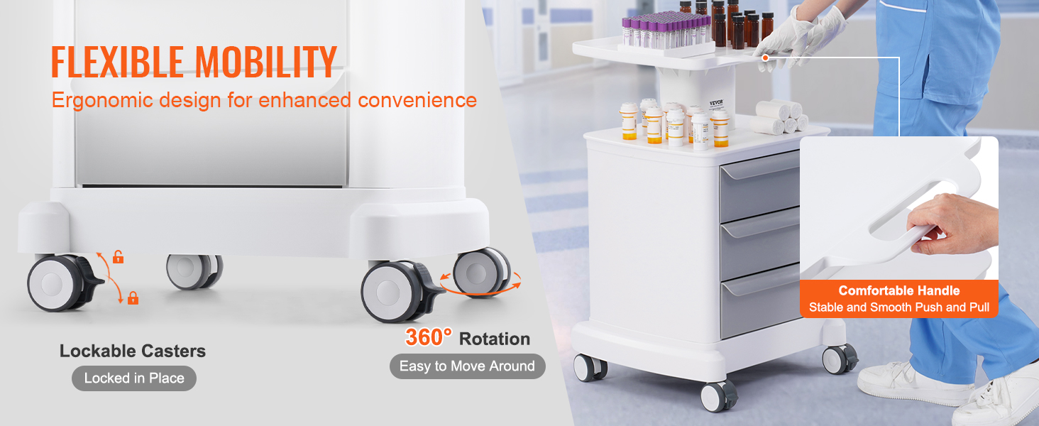 VEVOR 4 Tiers Lab Carts Mobile Medical Cart with 3 Drawers & 1 Top Tray ...