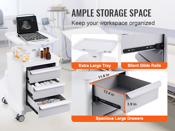 VEVOR 4 Tiers Lab Carts Mobile Medical Cart with 3 Drawers & 1 Top Tray ...