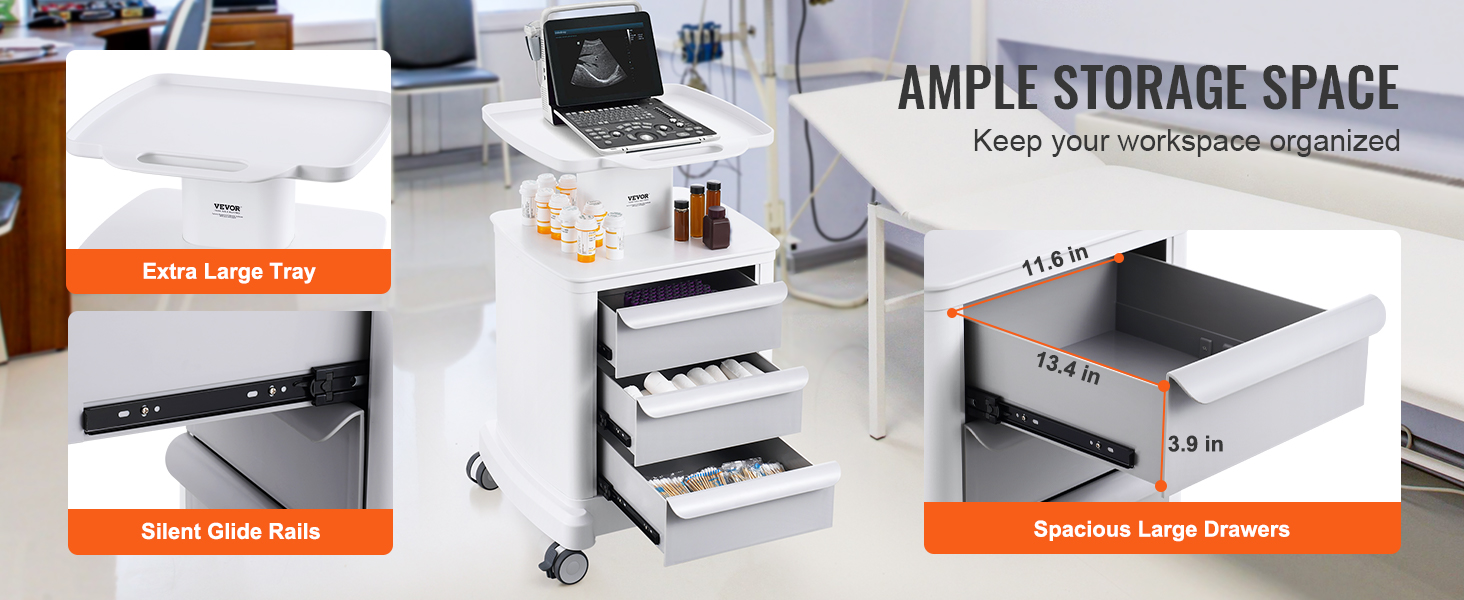 VEVOR 4 Tiers Lab Carts Mobile Medical Cart with 3 Drawers & 1 Top Tray ...