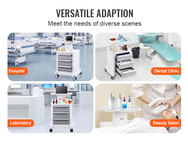 VEVOR 4 Tiers Lab Carts Mobile Medical Cart with 3 Drawers & 1 Top Tray ...