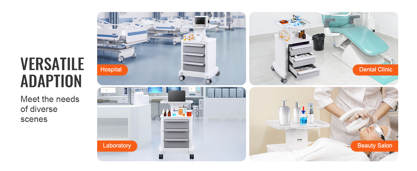 VEVOR 4 Tiers Lab Carts Mobile Medical Cart with 3 Drawers & 1 Top Tray ...