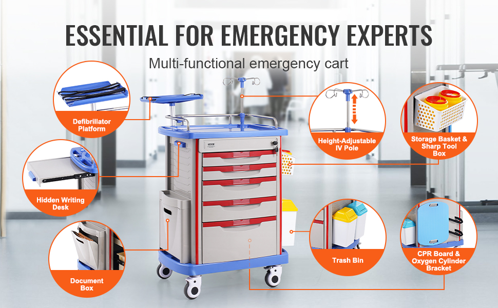 VEVOR 5 Tiers Lab Carts Mobile Medical Cart with 5 Drawers & 2 Trash ...
