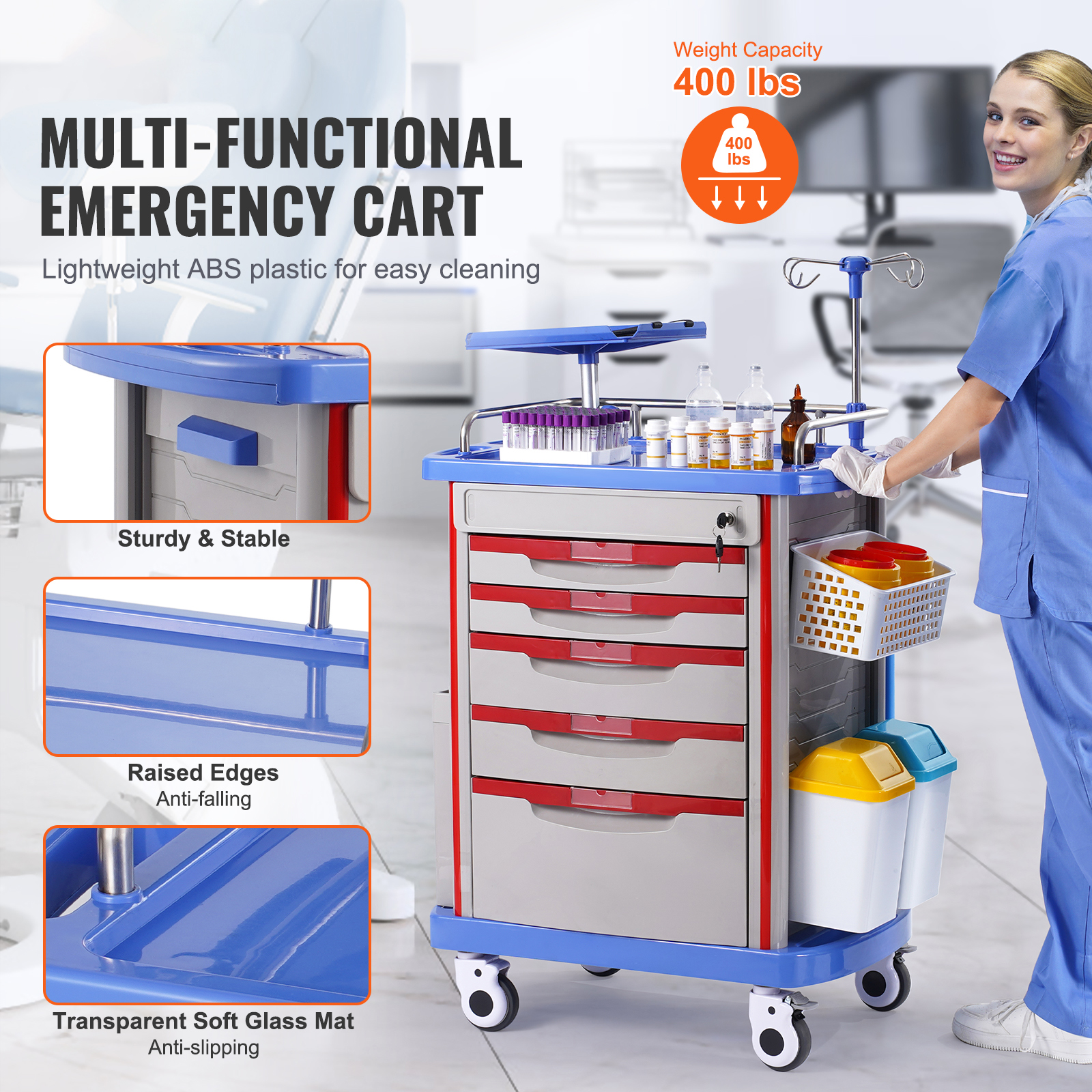 5 Tiers Lab Carts Mobile Medical Rolling Cart with 5 Drawers & 2 Trash ...
