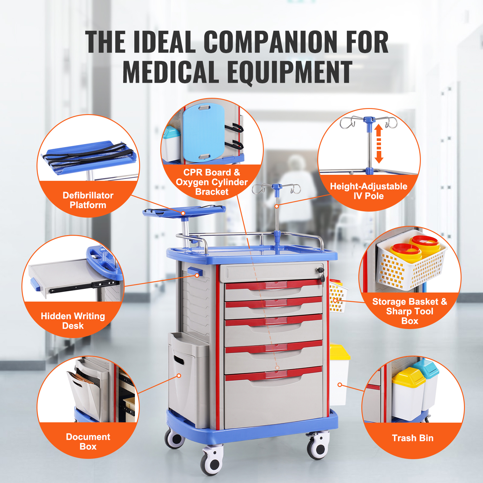 5 Tiers Lab Carts Mobile Medical Rolling Cart with 5 Drawers & 2 Trash ...
