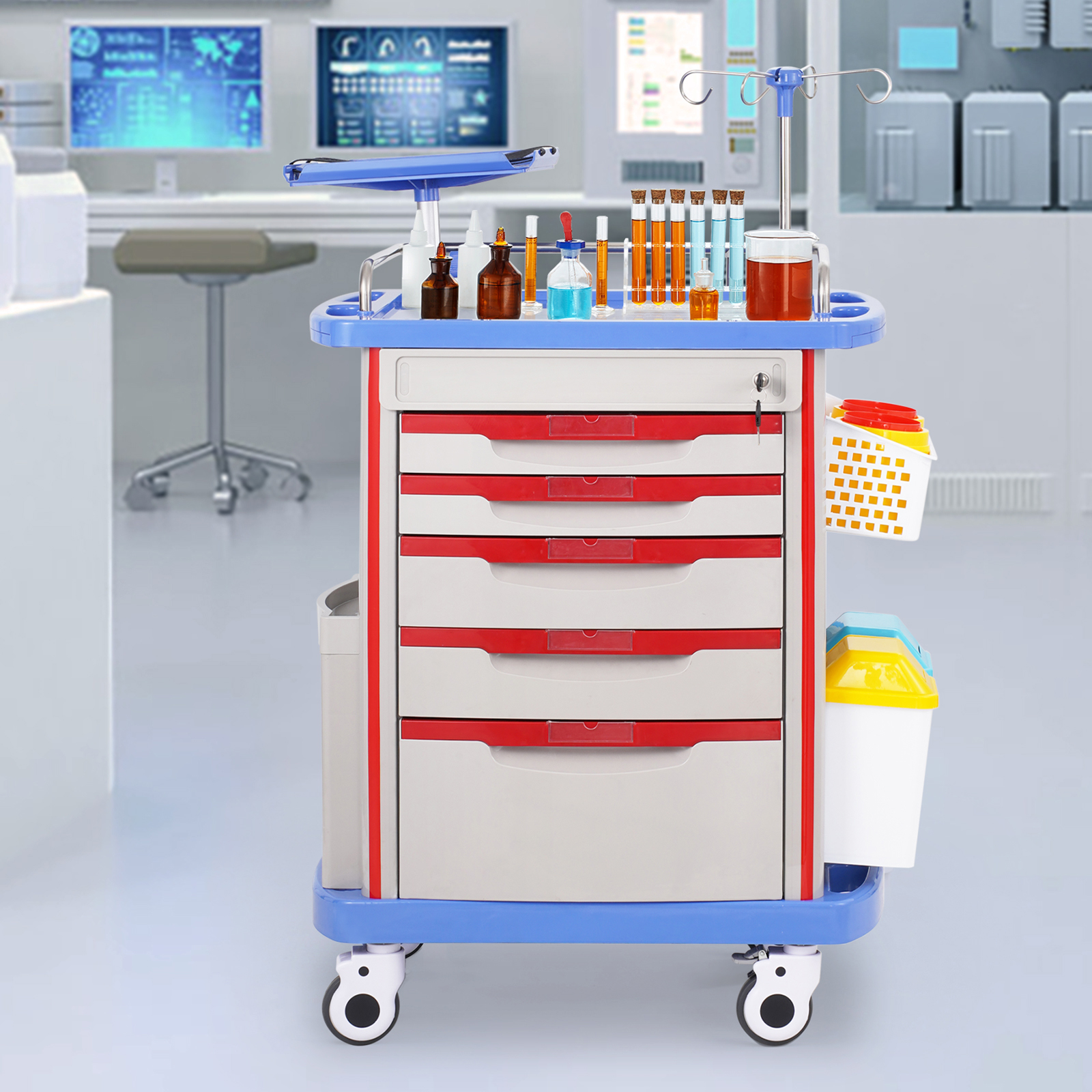 5 Tiers Lab Carts Mobile Medical Rolling Cart with 5 Drawers & 2 Trash ...