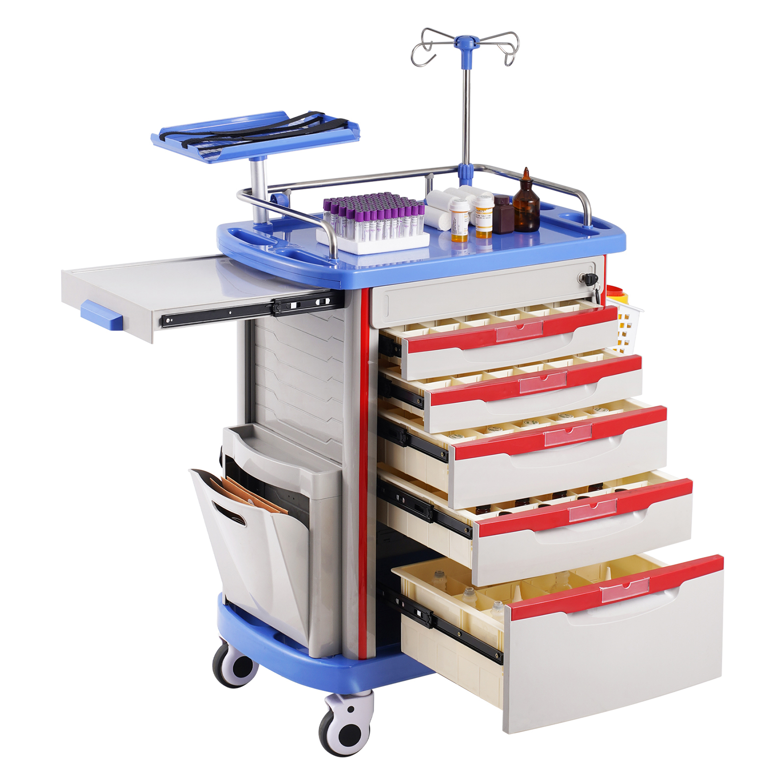 5 Tiers Lab Carts Mobile Medical Rolling Cart with 5 Drawers & 2 Trash ...