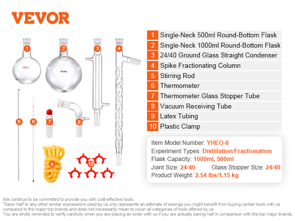 VEVOR Lab Distillation Kit, 3.3 Boro Lab Glassware Distillation Kit ...
