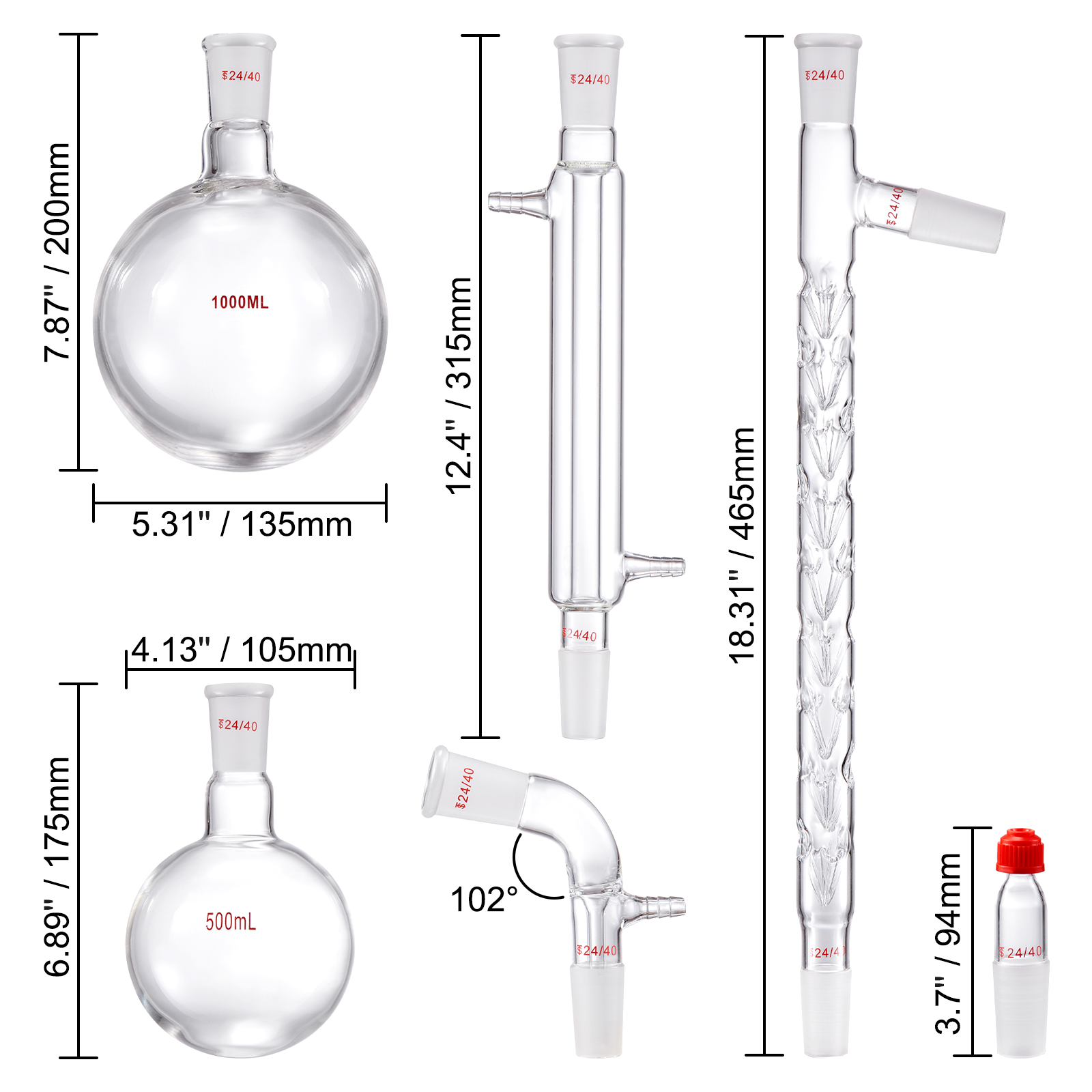 Mophorn Lab Distillation Kit, 3.3 Boro Lab Glassware Distillation Kit ...