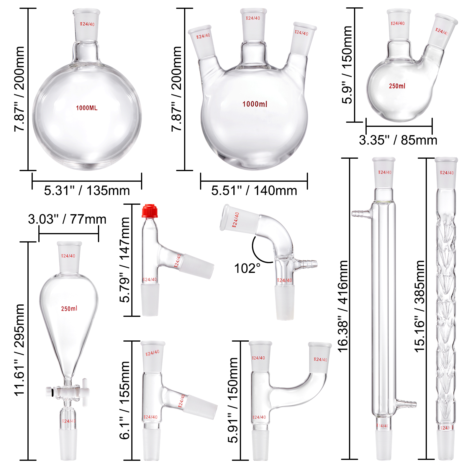 Mophorn Lab Distillation Kit, 3.3 Boro Lab Glassware Distillation Kit ...