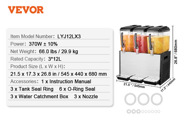 VEVOR Commercial Beverage Dispenser 12L x 3 Tanks Cold Juice Ice Drink ...