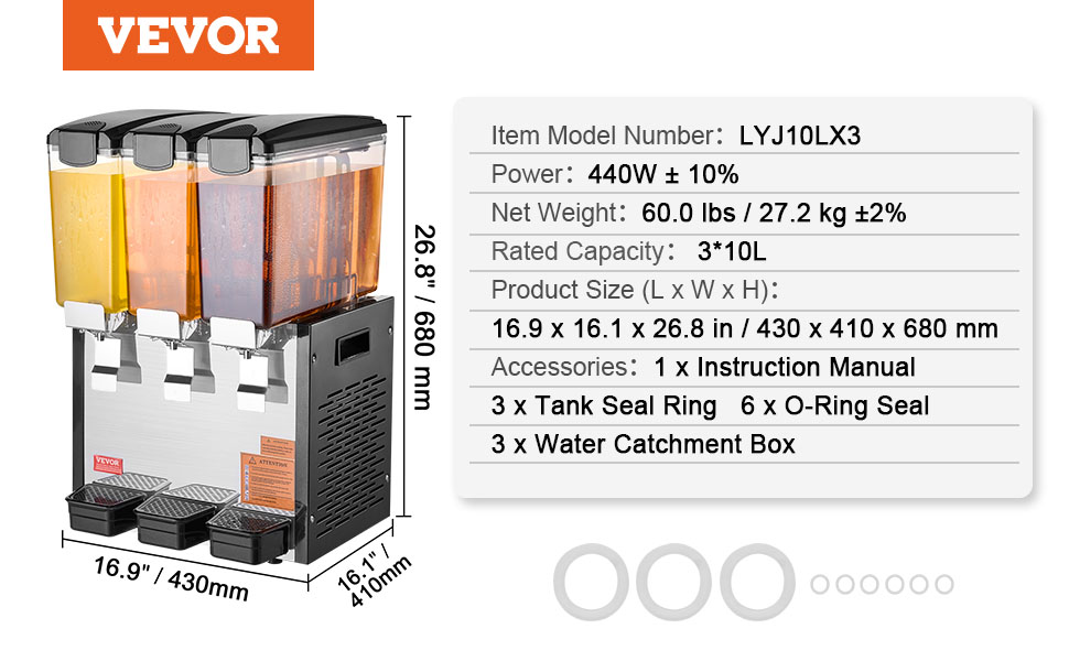 VEVOR Commercial Beverage Dispenser 10L x 3 Tanks Cold Juice Ice Drink ...