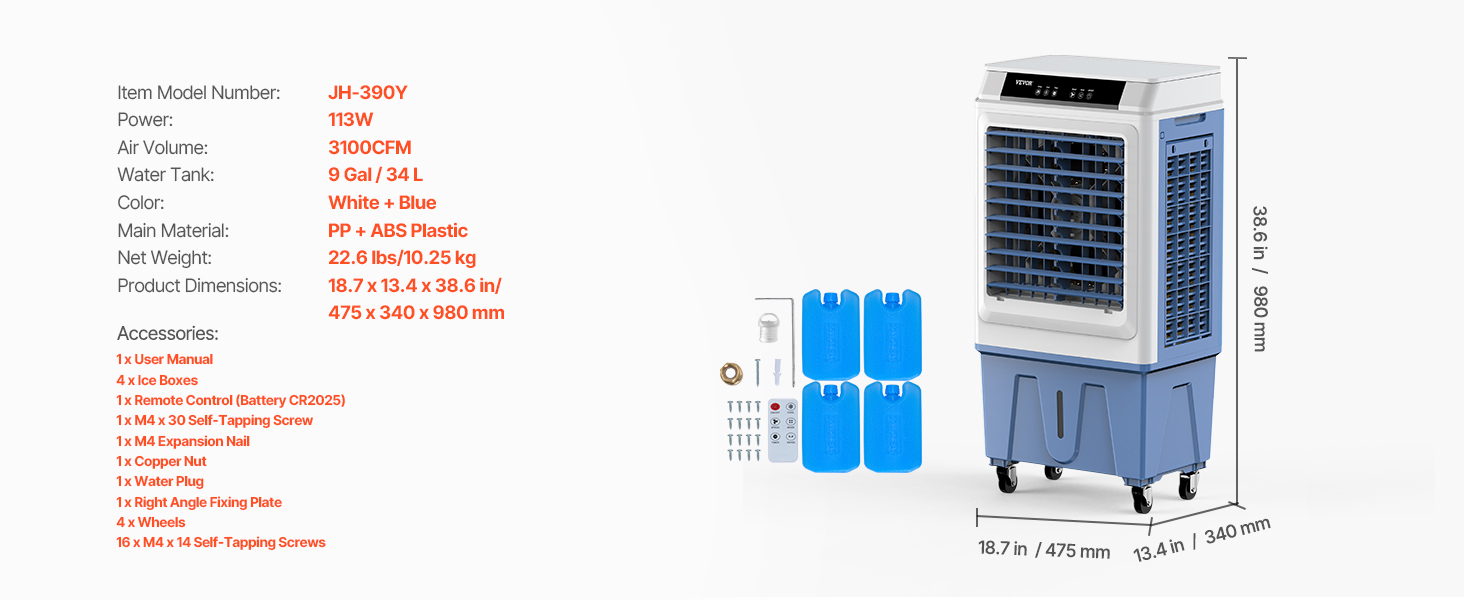 Evaporative Air Cooler 3100 CFM with 9 Gallon Water Tank Portable Swamp ...