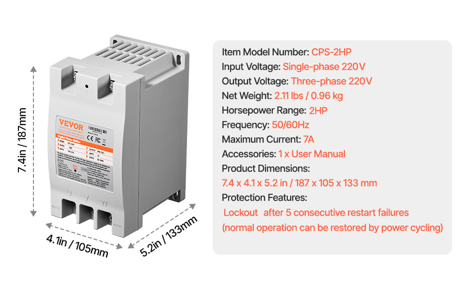 3 Phase Converter 2HP 7A 220V Single to 3 Phase 220V-240V Input/Output ...