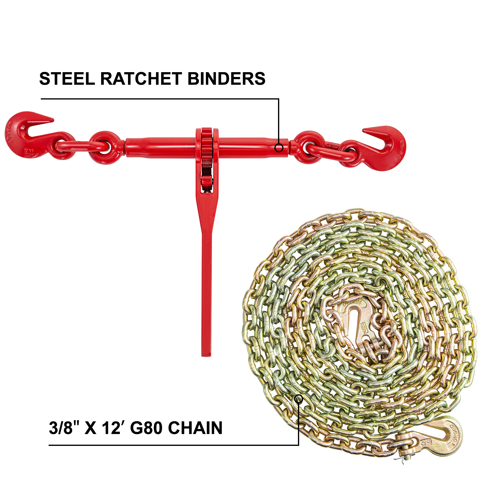 VEVOR Chain and Binder Kit 3/8in-1/2in, Ratchet Load Binders 9215lbs ...