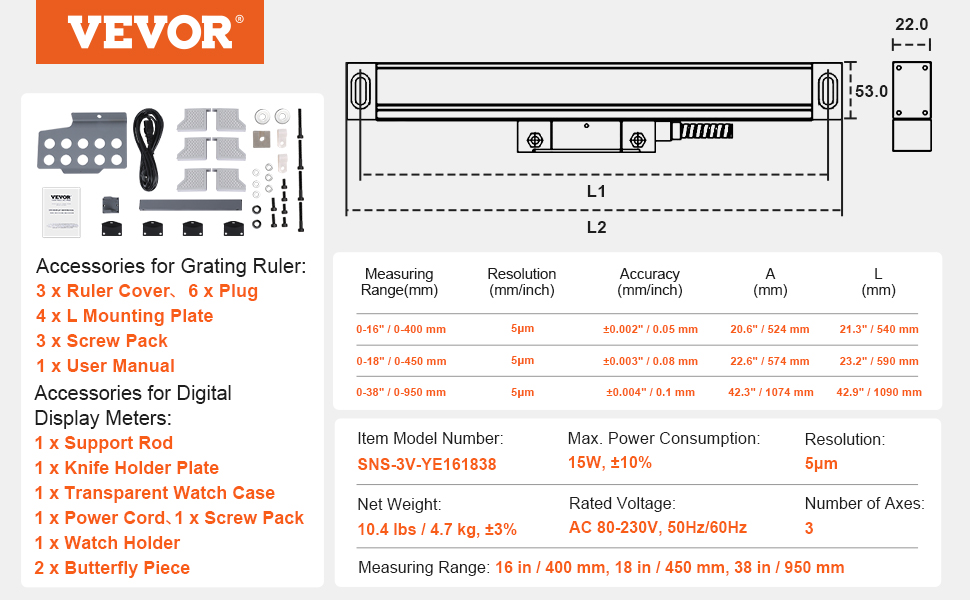 VEVOR Kit display digitale DRO a 3 assi Scala lineare 400, 450, 950 mm | VEVOR IT