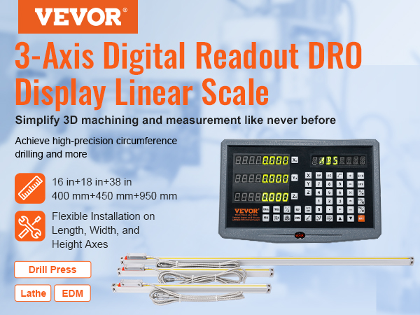 VEVOR Digital Readout 16'' & 18'' & 38'' Linear Scale 3 Axis DRO Display Kit | VEVOR US